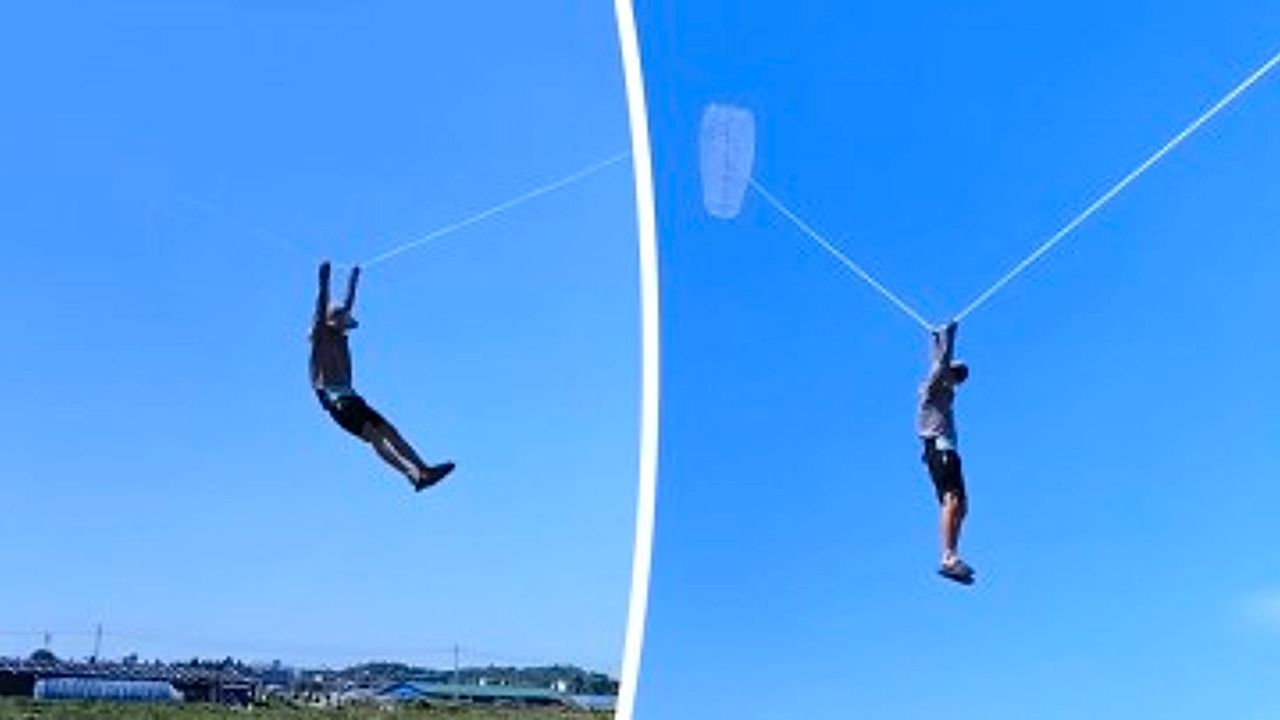 Strong winds nearly lift men off ground during chaotic kite session