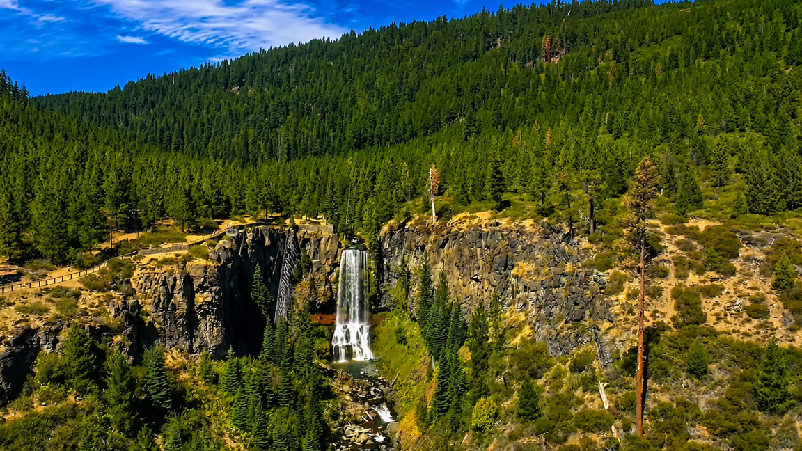 Hidden waterfall standing between rocky forest cliffs