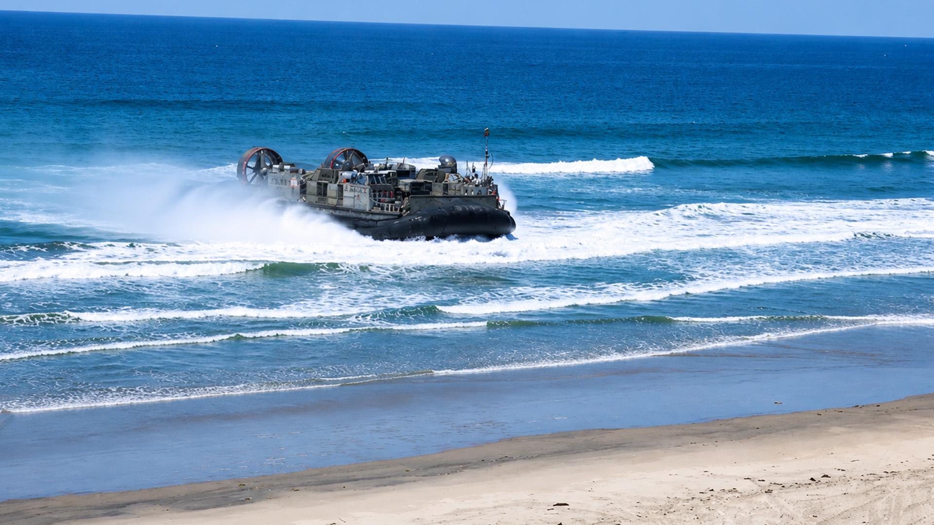 US Marines operate military hovercraft in training
