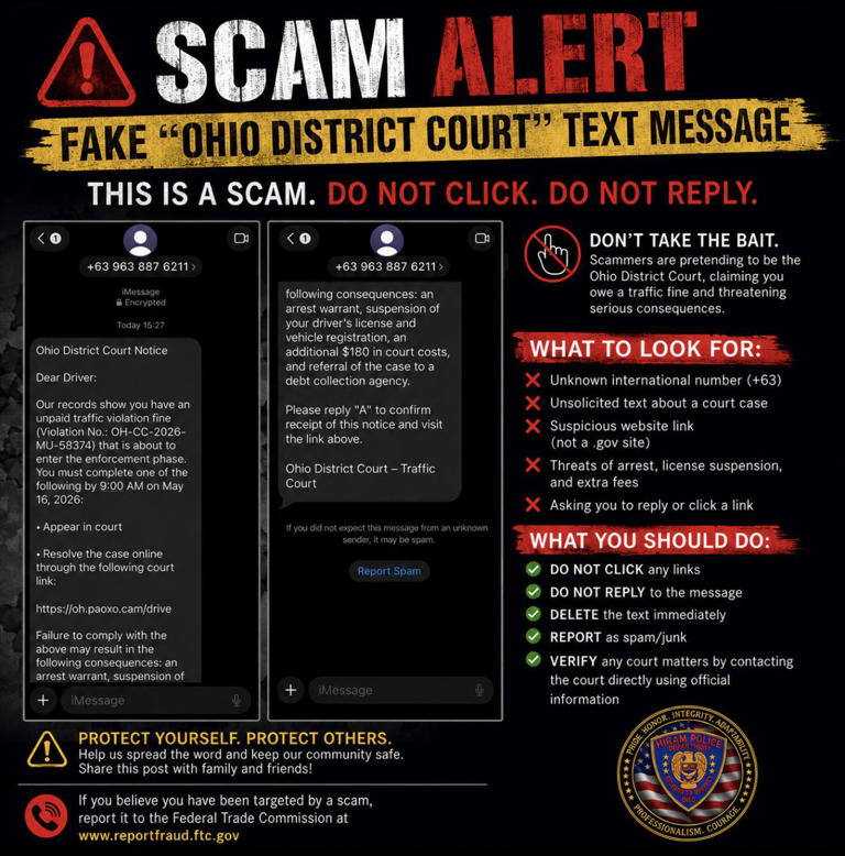 Hiram police warn residents of Ohio District Court text scams