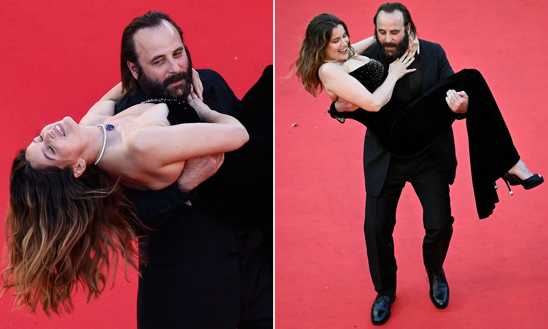 Vincent Macaigne carries model Laetitia Casta along the red carpet amid ...