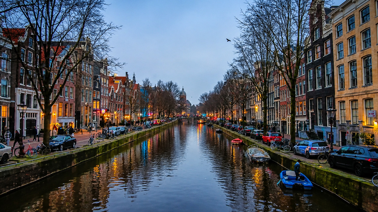 Amsterdam canal evening walk with lights and reflections