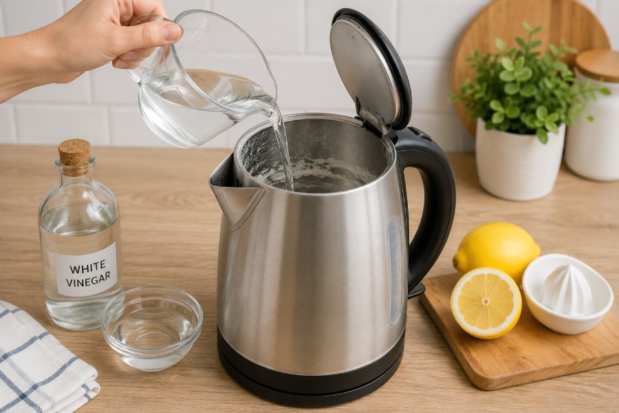 Mẹo tẩy cặn ấm đun nước bằng giấm trắng hoặc chanh