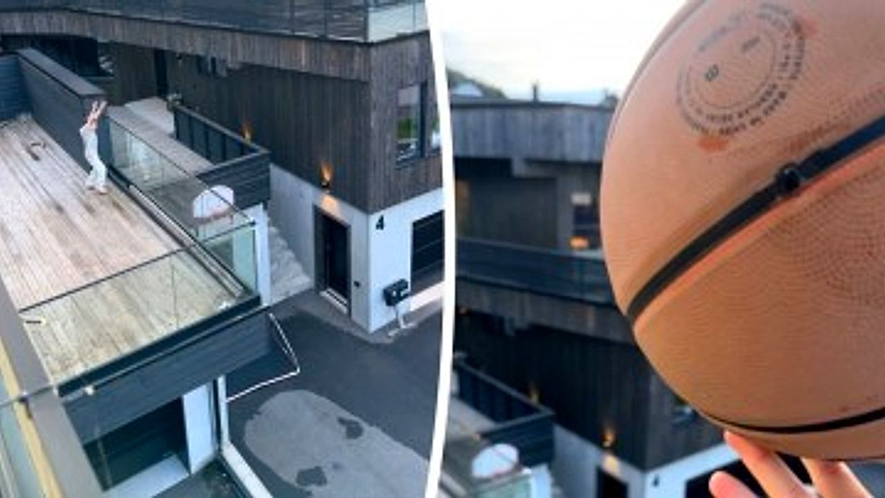 Basketball trick shot goes in from a balcony