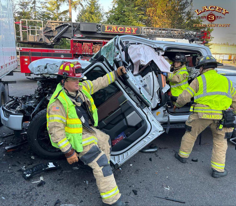Driver pulled from mangled pickup truck after Thurston County wreck