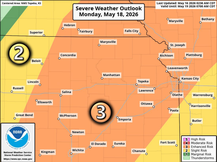 Kansas faces enhanced severe storm risk May 18, including tornadoes