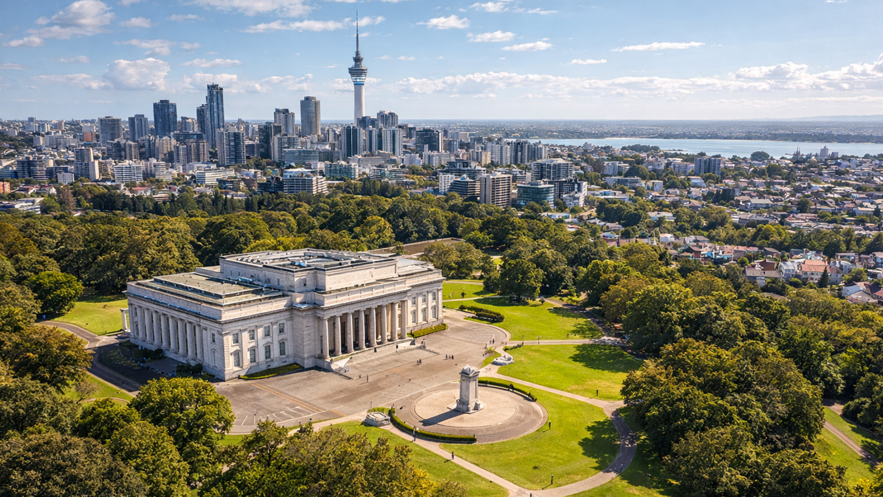 Auckland Museum overlooking the city skyline and green park