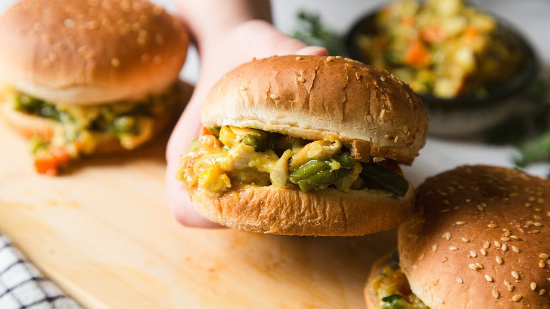 Hearty chicken pot pie burgers recipe