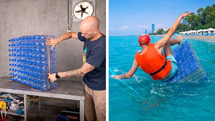 Craft your own floating raft using recycled bottles - perfect for camping!