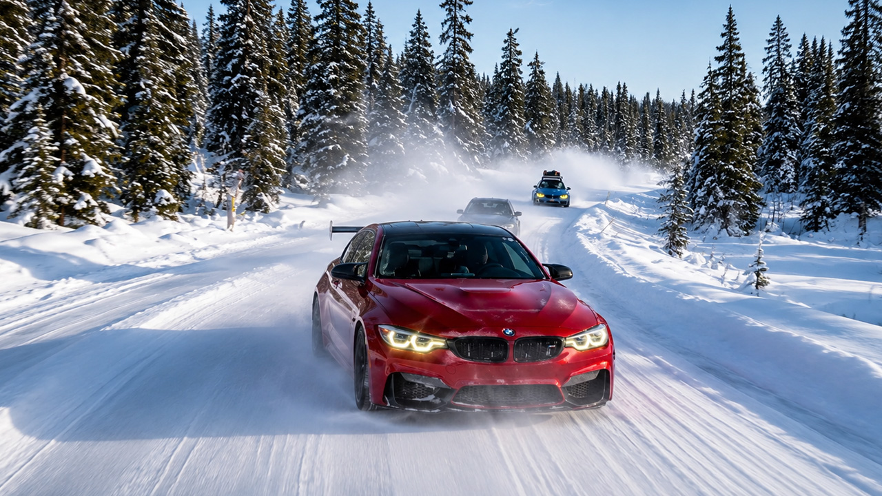BMW M3 drifting through deep snow at full speed