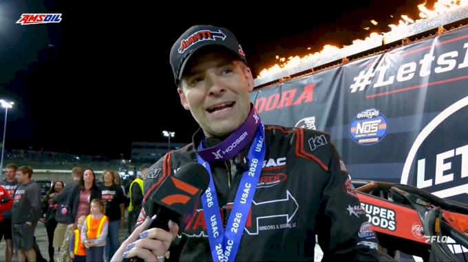 Kyle Cummins reacts after last lap battle for the win in Friday's USAC ...