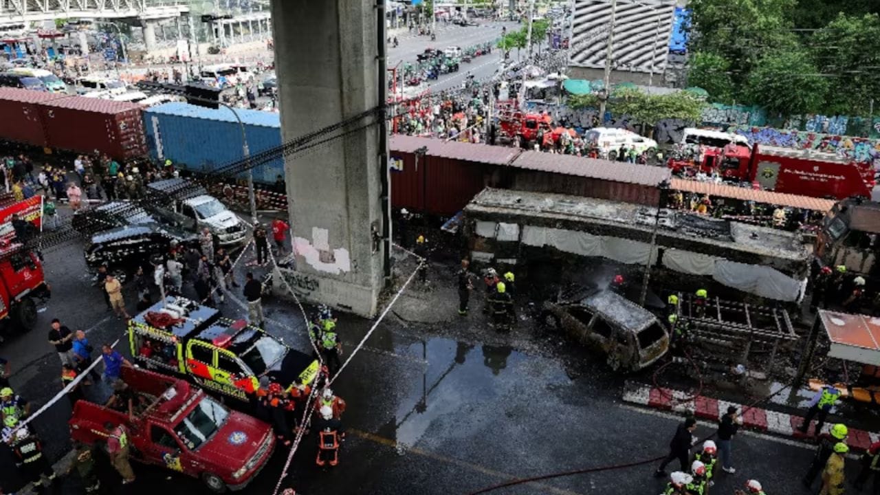 8 killed, 25 injured as train collides with bus, sparks fire in Bangkok