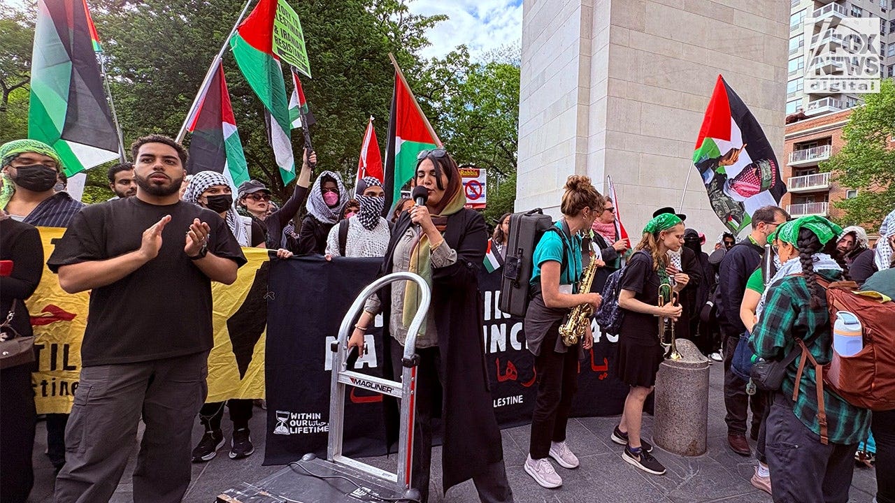 Hamas, Hezbollah flags fly at anti-Israel protest minutes after Mamdani ...