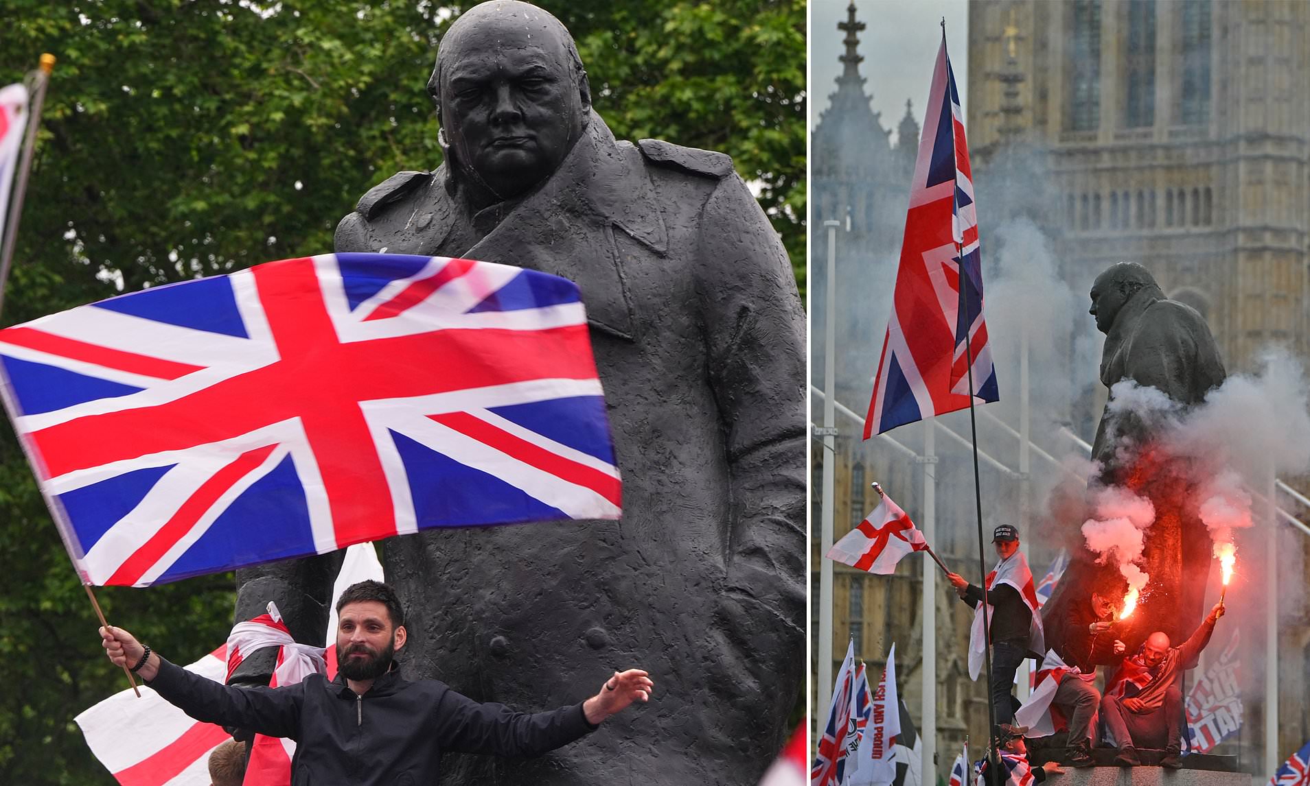 Protesters light flares on Churchill statue as Met arrests 31 in rival ...