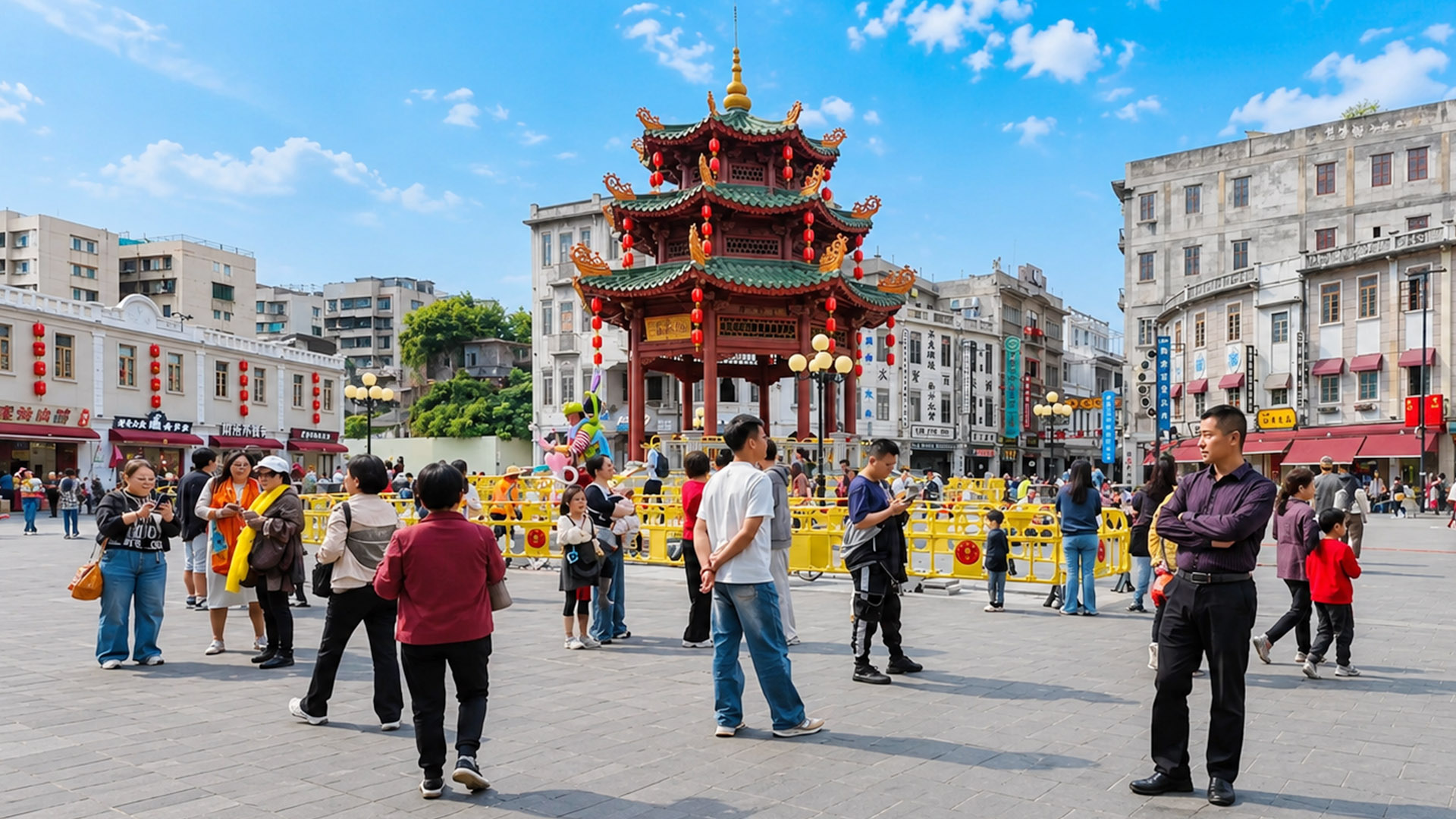 Traditional Chinese pavilion surrounded by busy city life