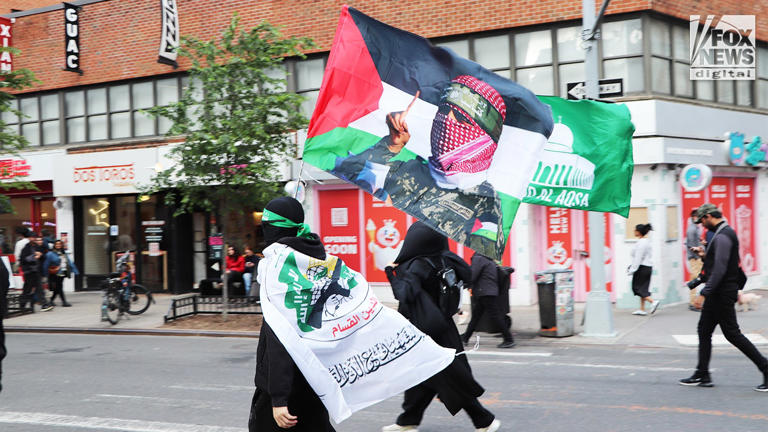 Hamas, Hezbollah flags fly at anti-Israel protest minutes after Mamdani ...