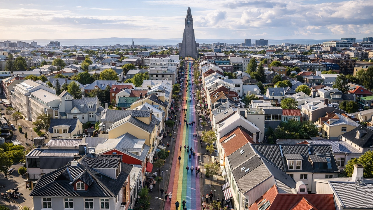 Reykjavik rainbow street leading toward Hallgrímskirkja church