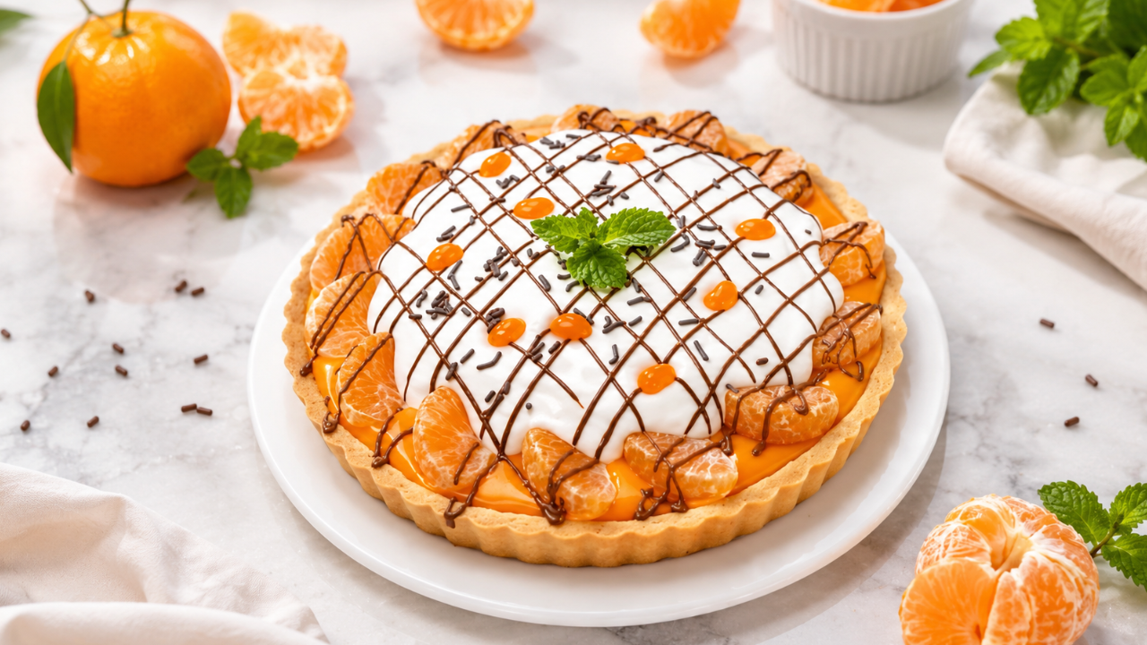 Creamy orange tart with chocolate drizzle