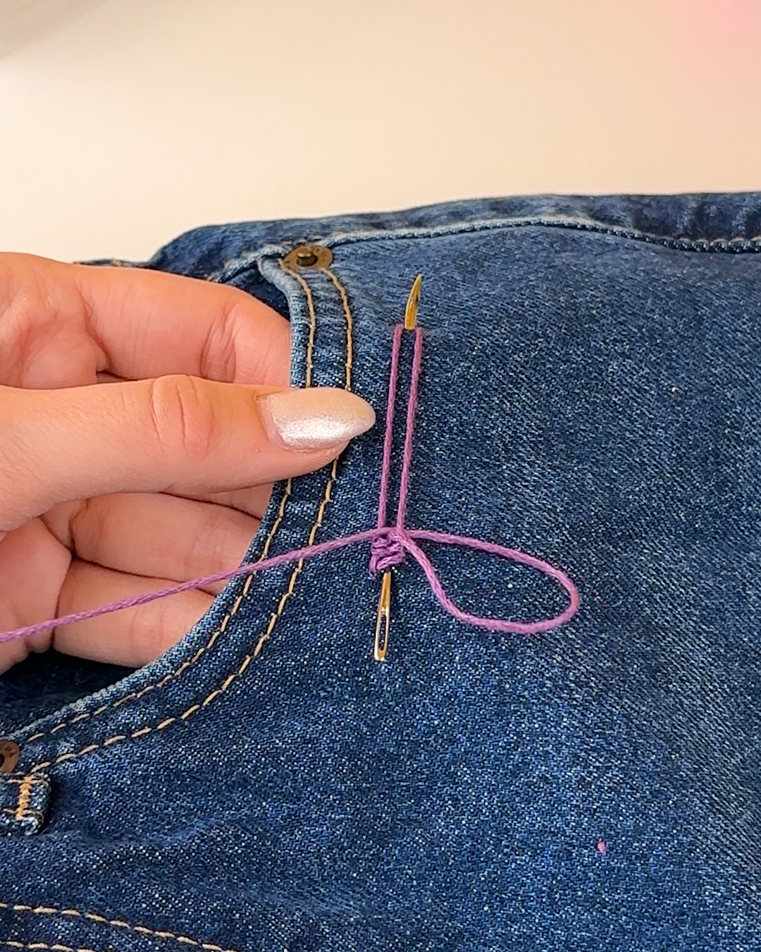 One stitch at a time for this jeans embroidery hack💜🪡