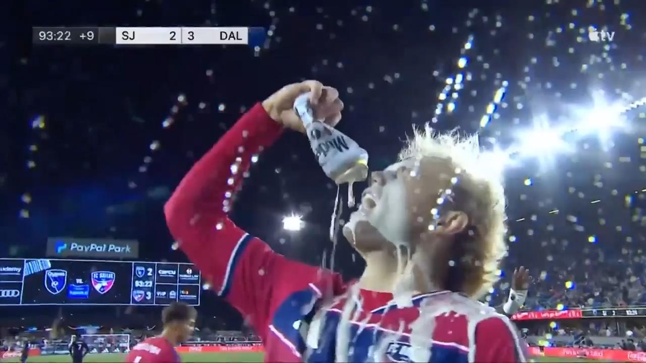 Moment: Dallas forward Sam Sarver chugs beer after scoring decisive winner