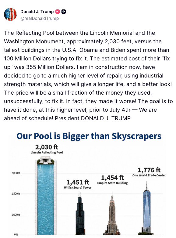 Trump brags about reflecting pool renovations with odd size comparison