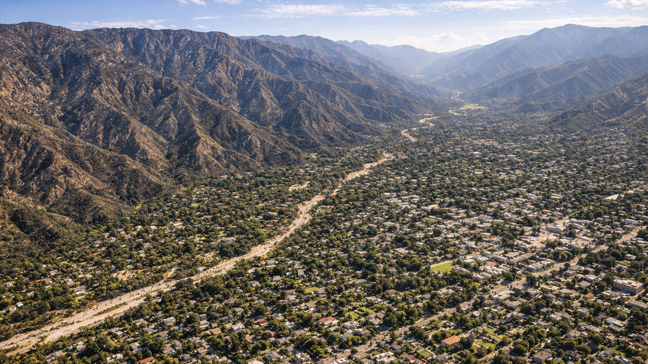 Los Angeles foothill neighborhoods beneath rugged mountain ridges