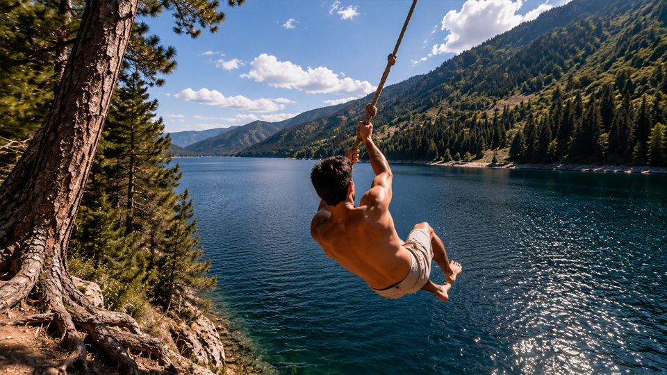 Rope swing bij het meer zorgt voor enorme sprong in de lucht