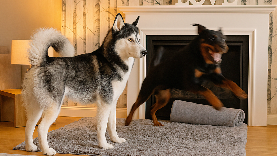 Husky watching energetic dog jump indoors