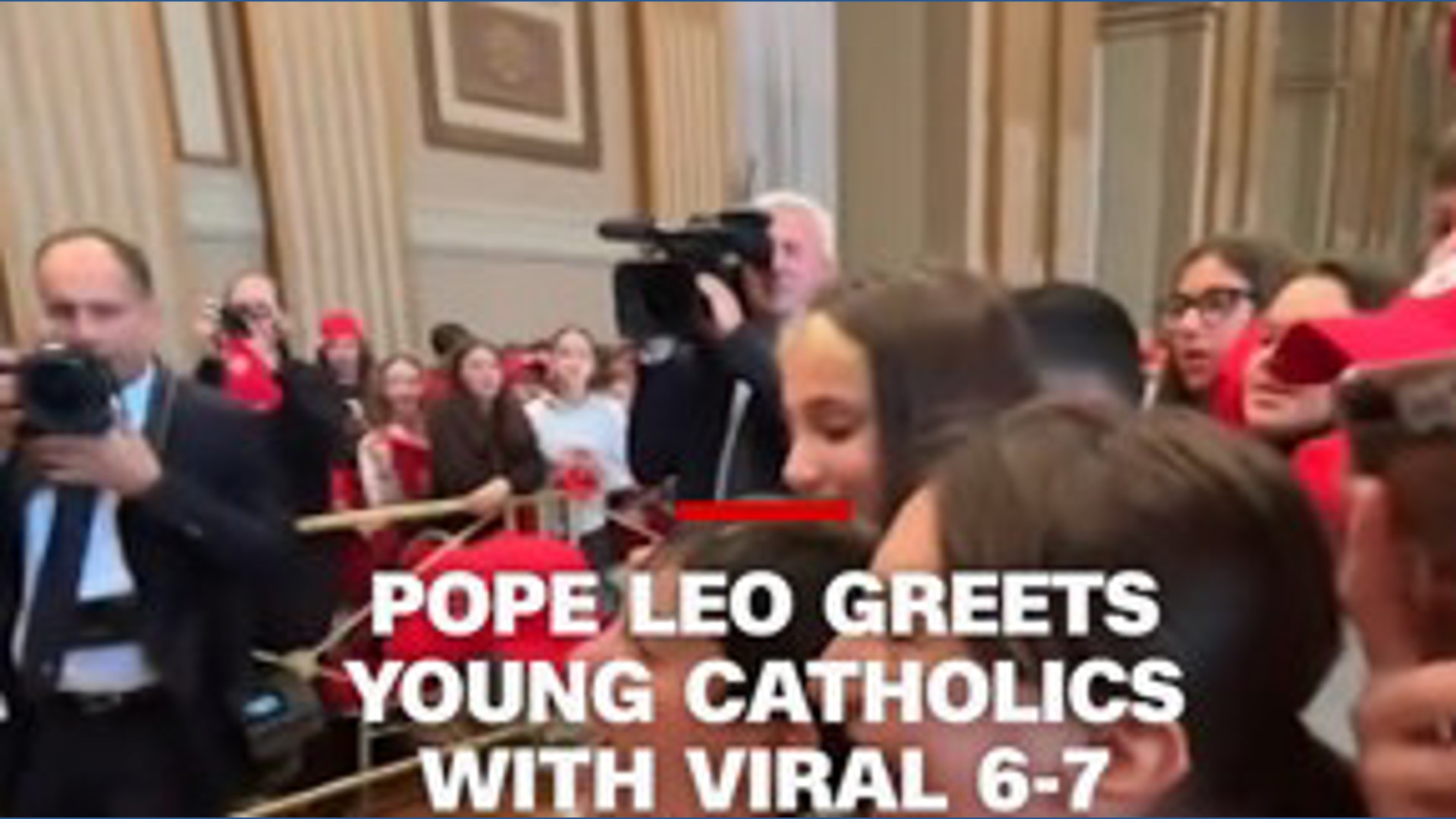Pope Leo greets young Catholics with a 6-7 motion
