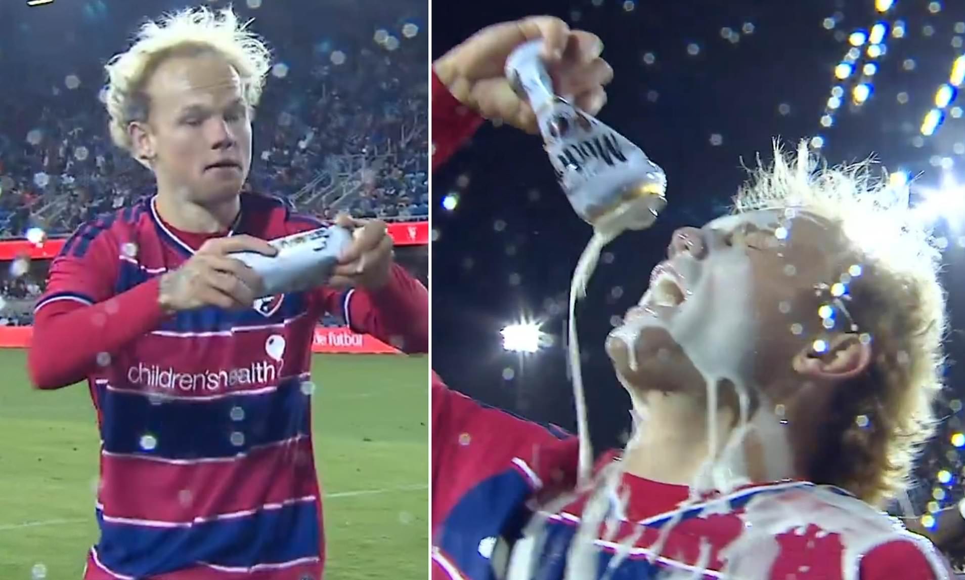 Wild moment soccer star celebrates late goal by covering himself in beer