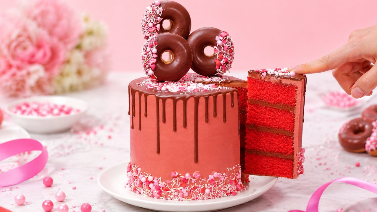 Chocolate drip cake with donut topping