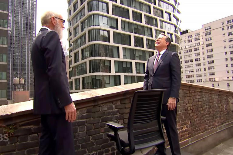 David Letterman smashes CBS logo with Stephen Colbert on The Late Show