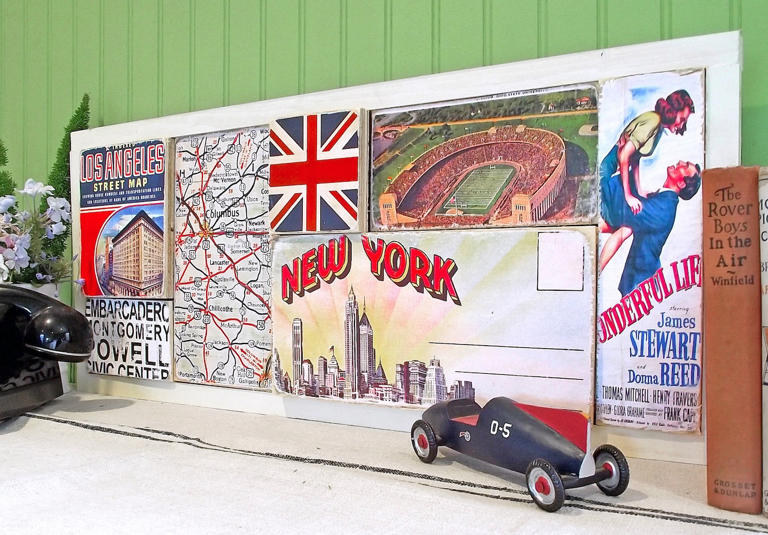 DIY scrap wood art using maps, photos, and memories