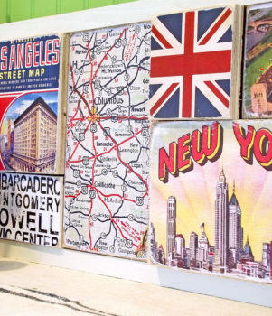 DIY scrap wood art using maps, photos, and memories