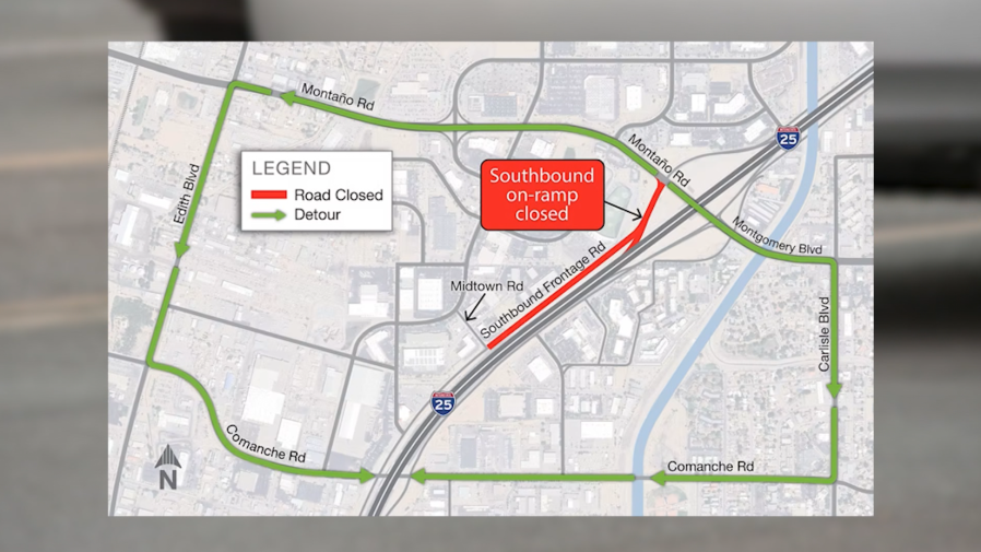 Southbound I-25 and Montgomery on-ramp closed starting Sunday night