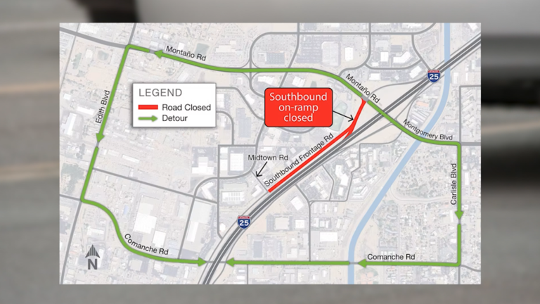 Southbound I-25 and Montgomery on-ramp closed starting Sunday night