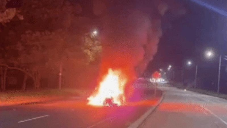 BMW split in two, powerlines downed by fiery western Sydney car crash