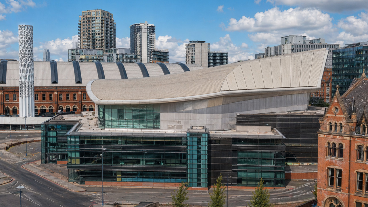 Manchester Bridgewater Hall framed by modern city architecture
