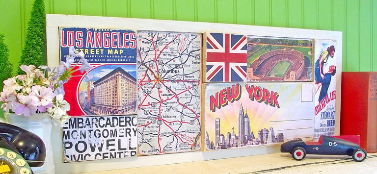 DIY scrap wood art using maps, photos, and memories