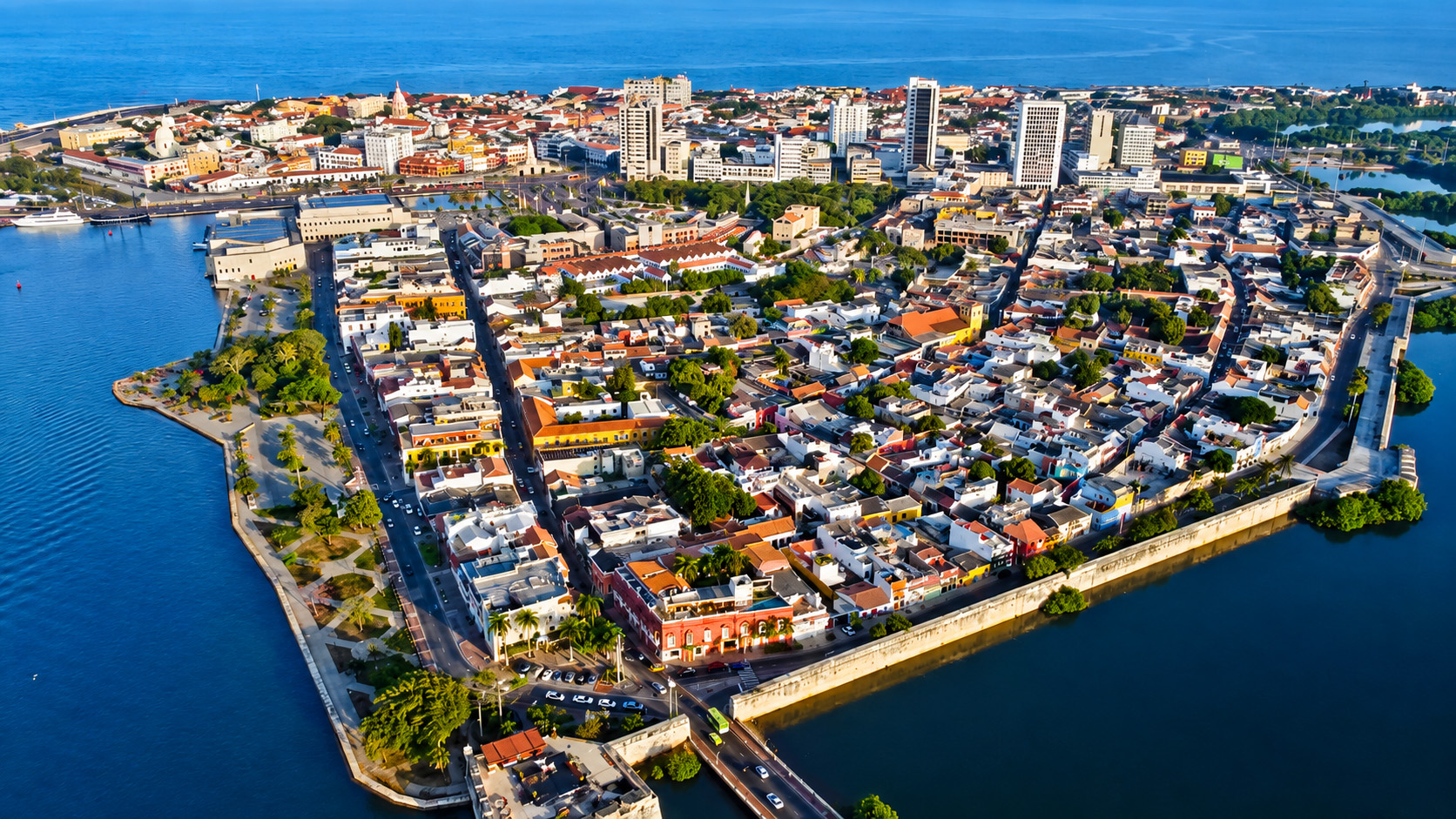 Colonial Cartagena standing beside a modern Caribbean skyline