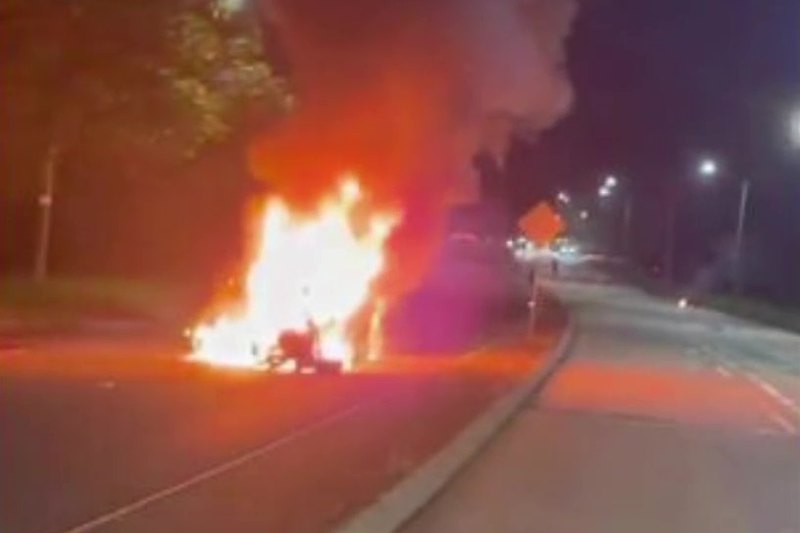 BMW split in two, powerlines downed by fiery western Sydney car crash