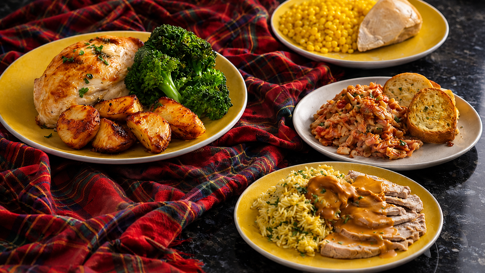 Weekly family dinner ideas with soup, chicken and roast potatoes