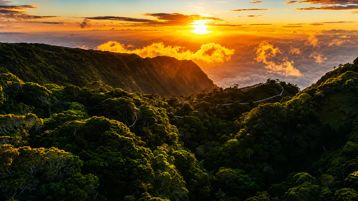 Mountain forest glowing beneath the morning light