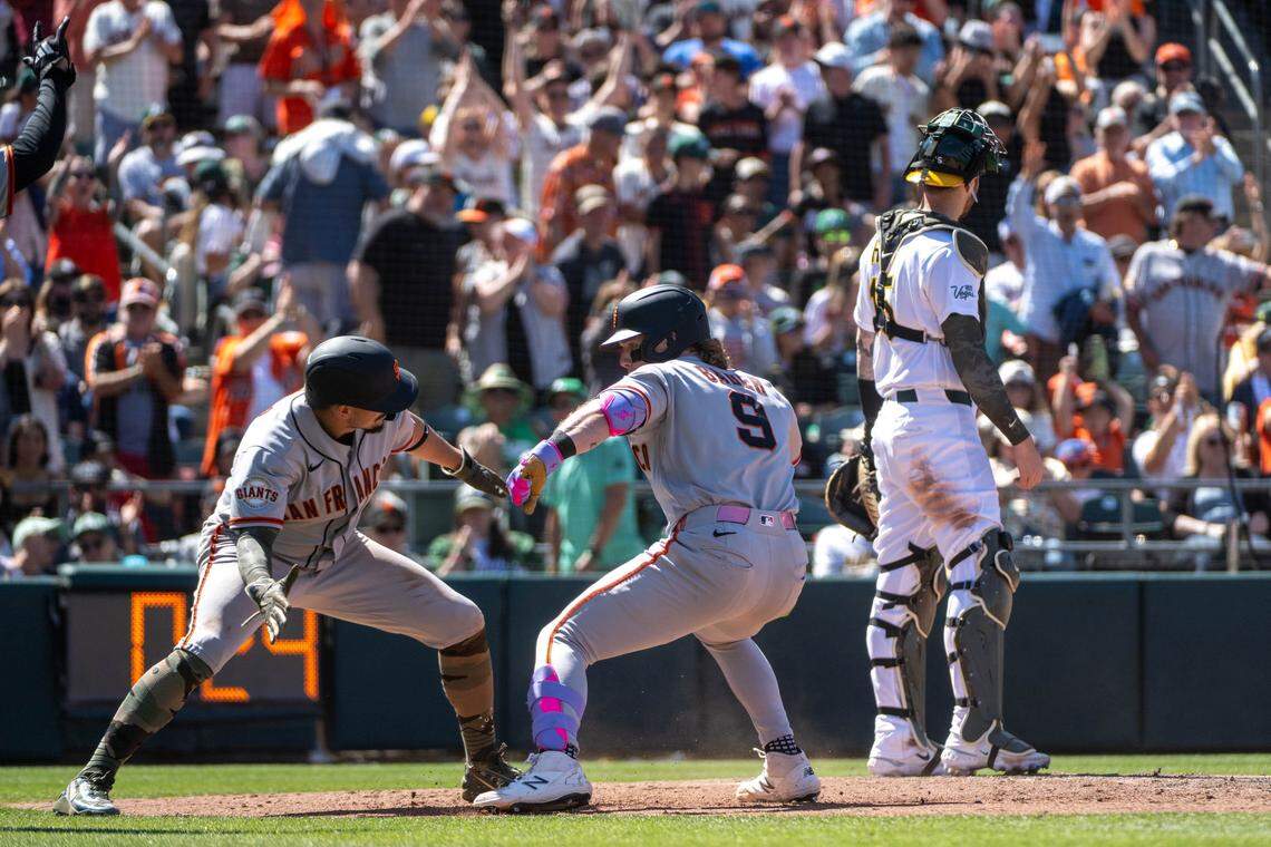 Giants slug past A's in gusty series finale behind Harrison Bader's ...