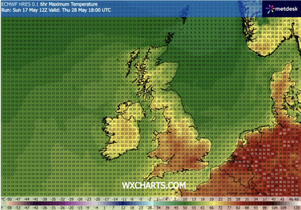 UK weather maps turn red for 28C scorcher as Brits to bask in 9-day ...