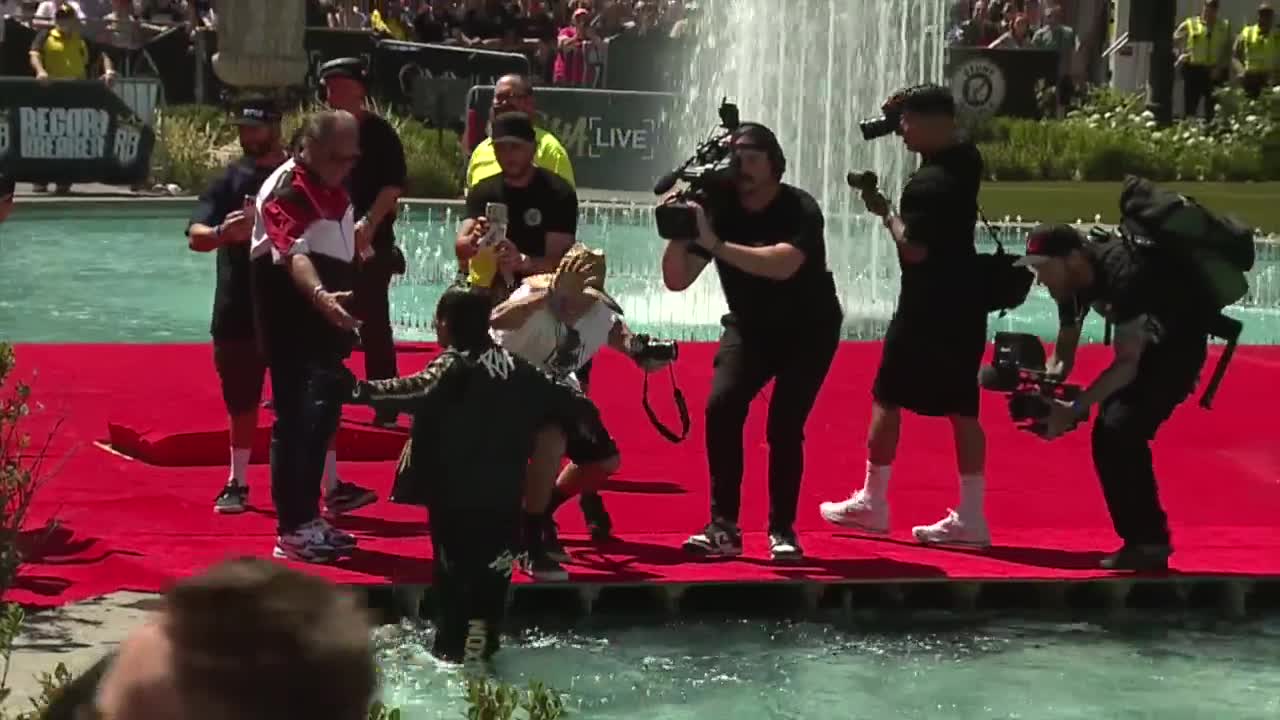 Colby Raha reacts after world record motorcycle jump attempt at Caesars ...