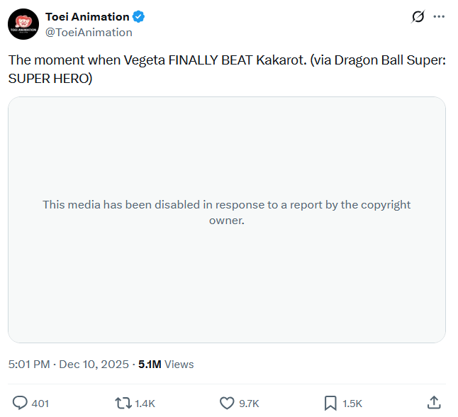 Toei Animation copyright strikes its own Dragon Ball clip on X