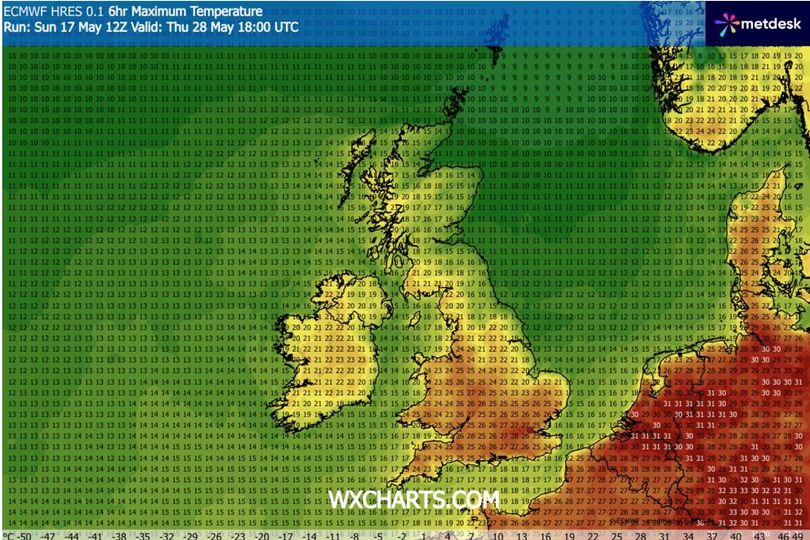 UK weather maps turn red as 28C temperatures forecast in nine-day heatwave