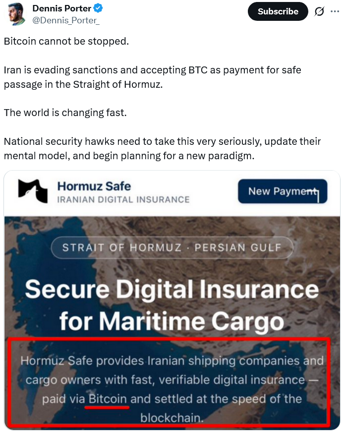 Reports suggest Iran is mulling Hormuz 'insurance' scheme, paid in Bitcoin