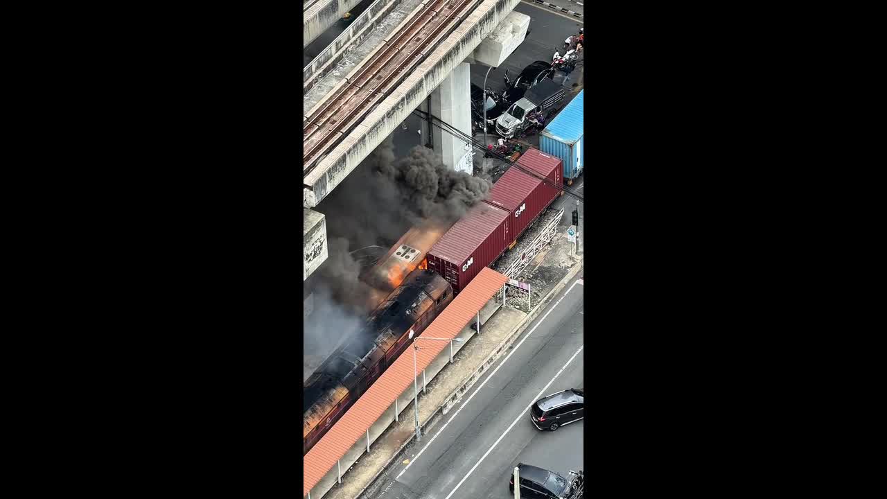 Birds-eye view from condo captures horror train crash fire in Bangkok
